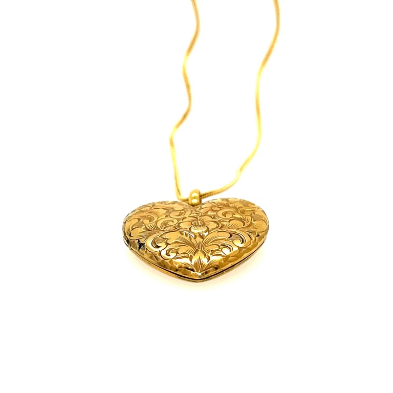 Antique Engraved 14 Karat Yellow Gold Heart Locket Necklace at 1stDibs