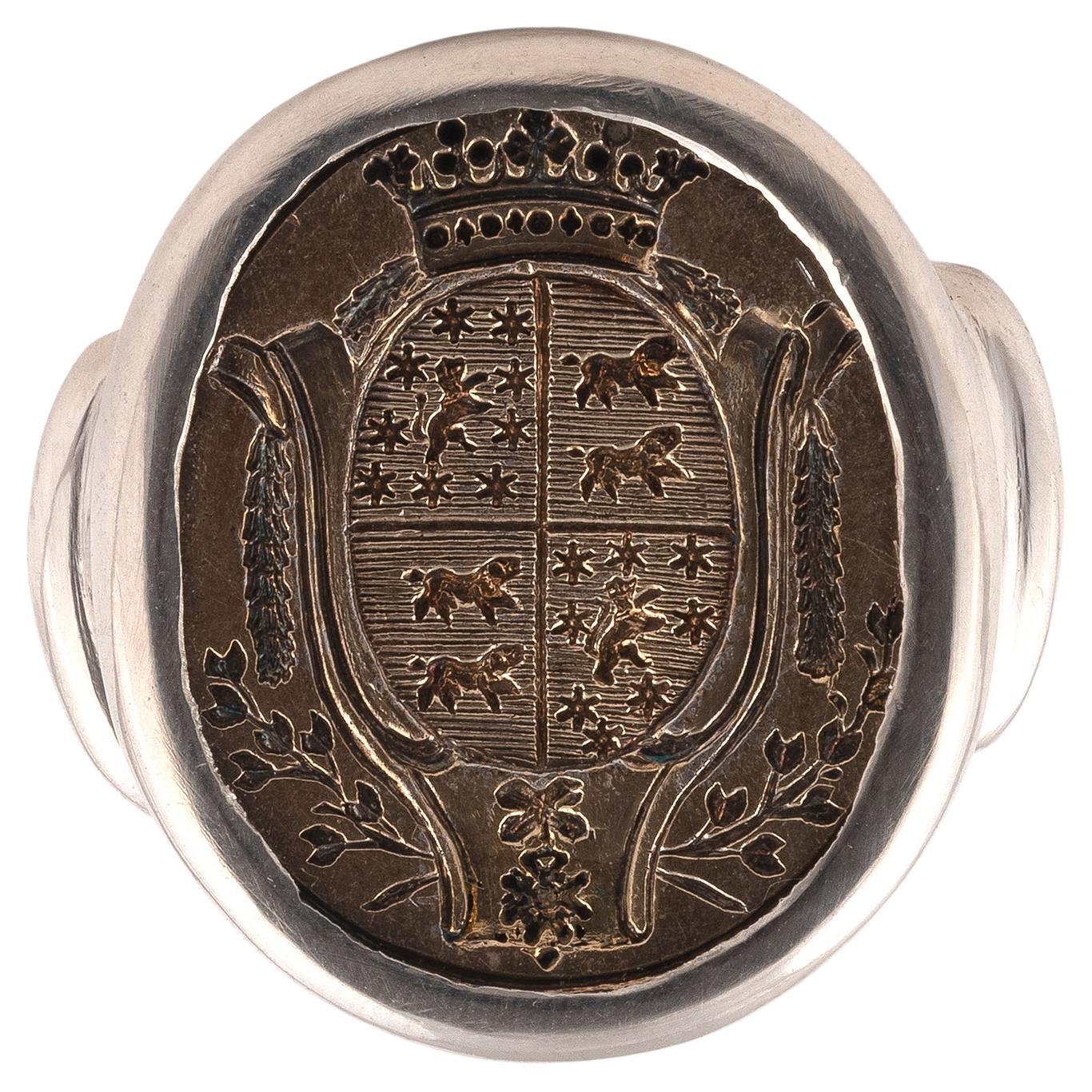 Antique Engraved Armorial Silver and Silver Gilt Signet Men’s Ring For ...