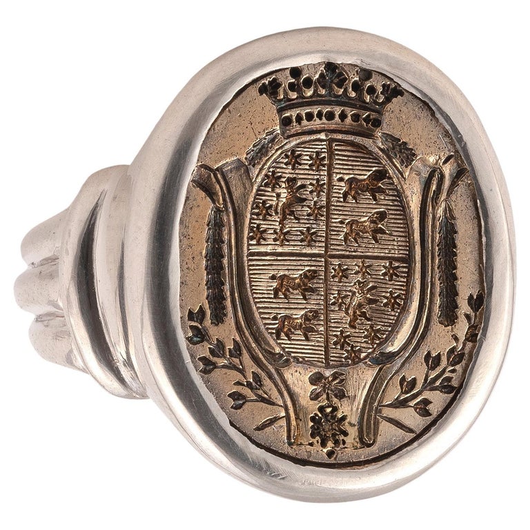 Antique Engraved Armorial Silver and Silver Gilt Signet Men’s Ring For ...