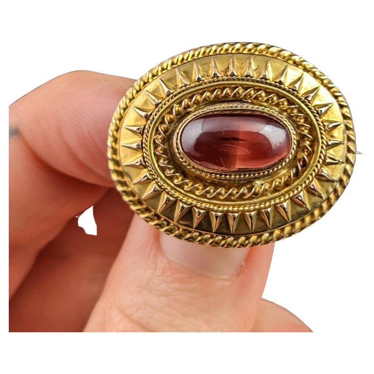 Antique Etruscan Revival Garnet Cabochon Brooch, 9k Gold For Sale at ...