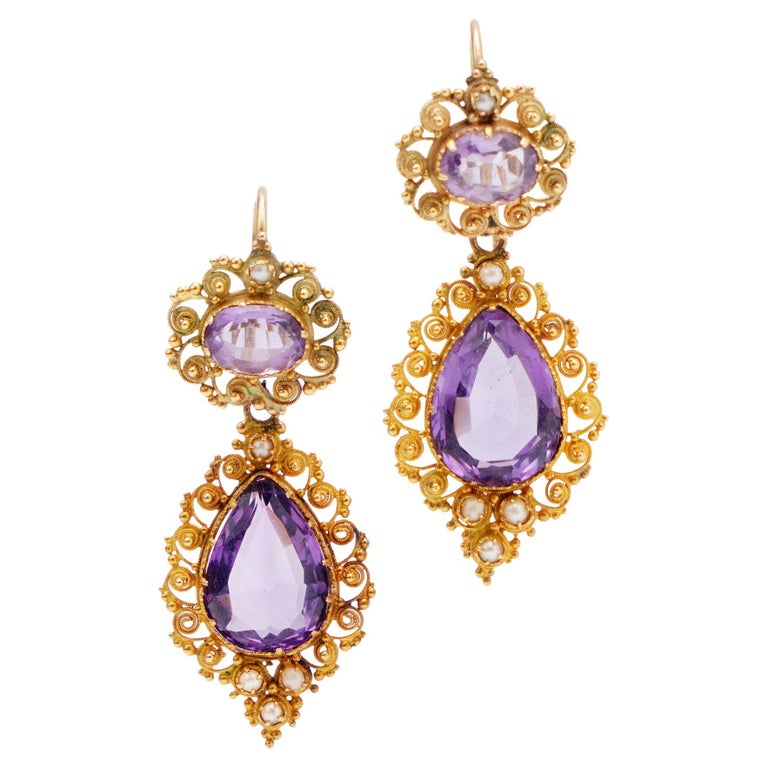 Antique Regency era earrings with amethysts and seed pearls For Sale at ...
