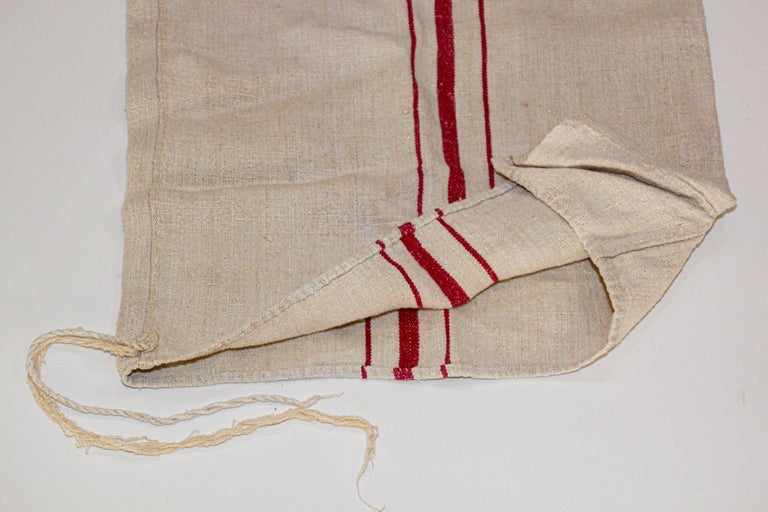 Antique European French Heavy Linen Red Stripe Grain Sack, circa 1930s ...