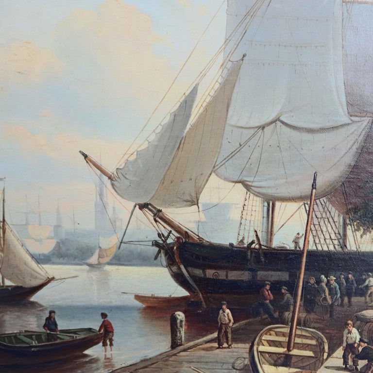 European Maritime Oil on Canvas Painting of Colonial Harbor Scene 18th ...