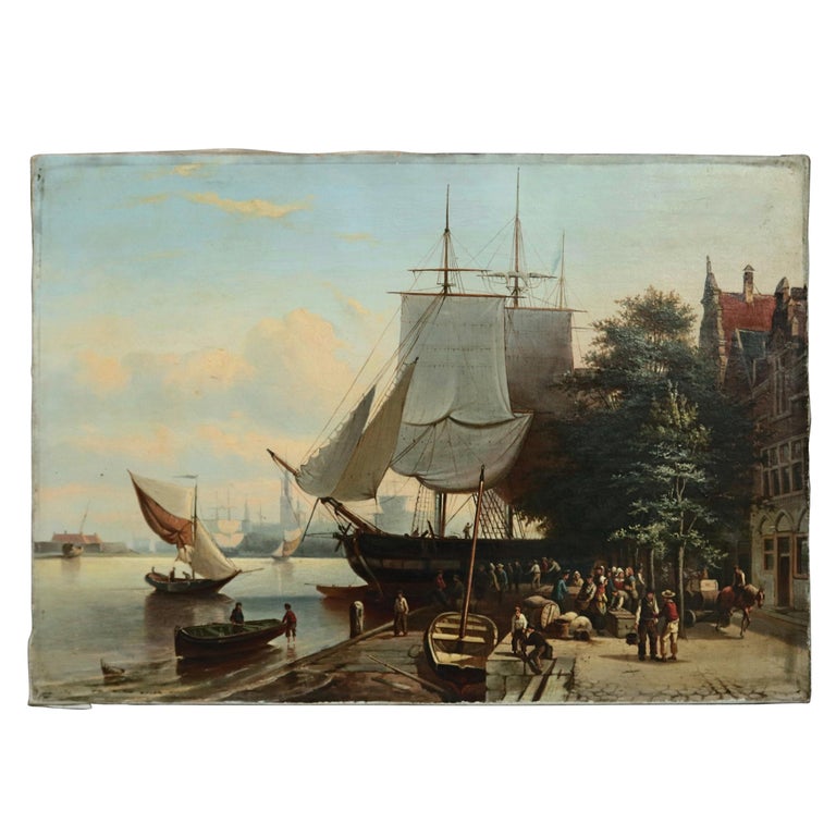 European Maritime Oil on Canvas Painting of Colonial Harbor Scene 18th ...