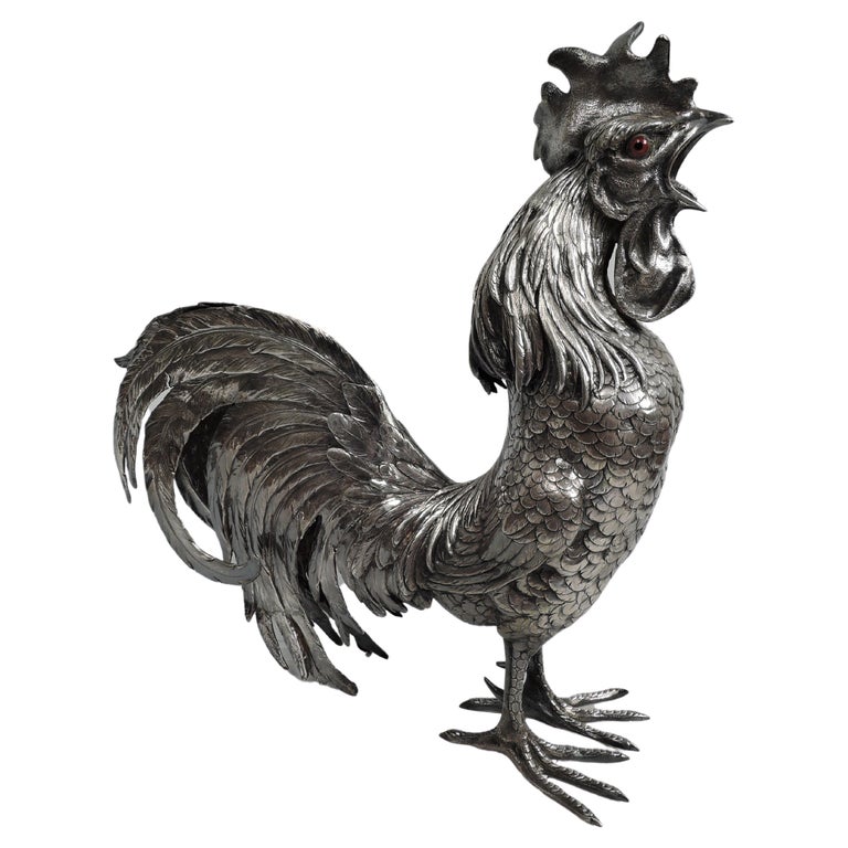 Antique European Sterling Silver Rooster with Dramatic Tail Plumage For ...
