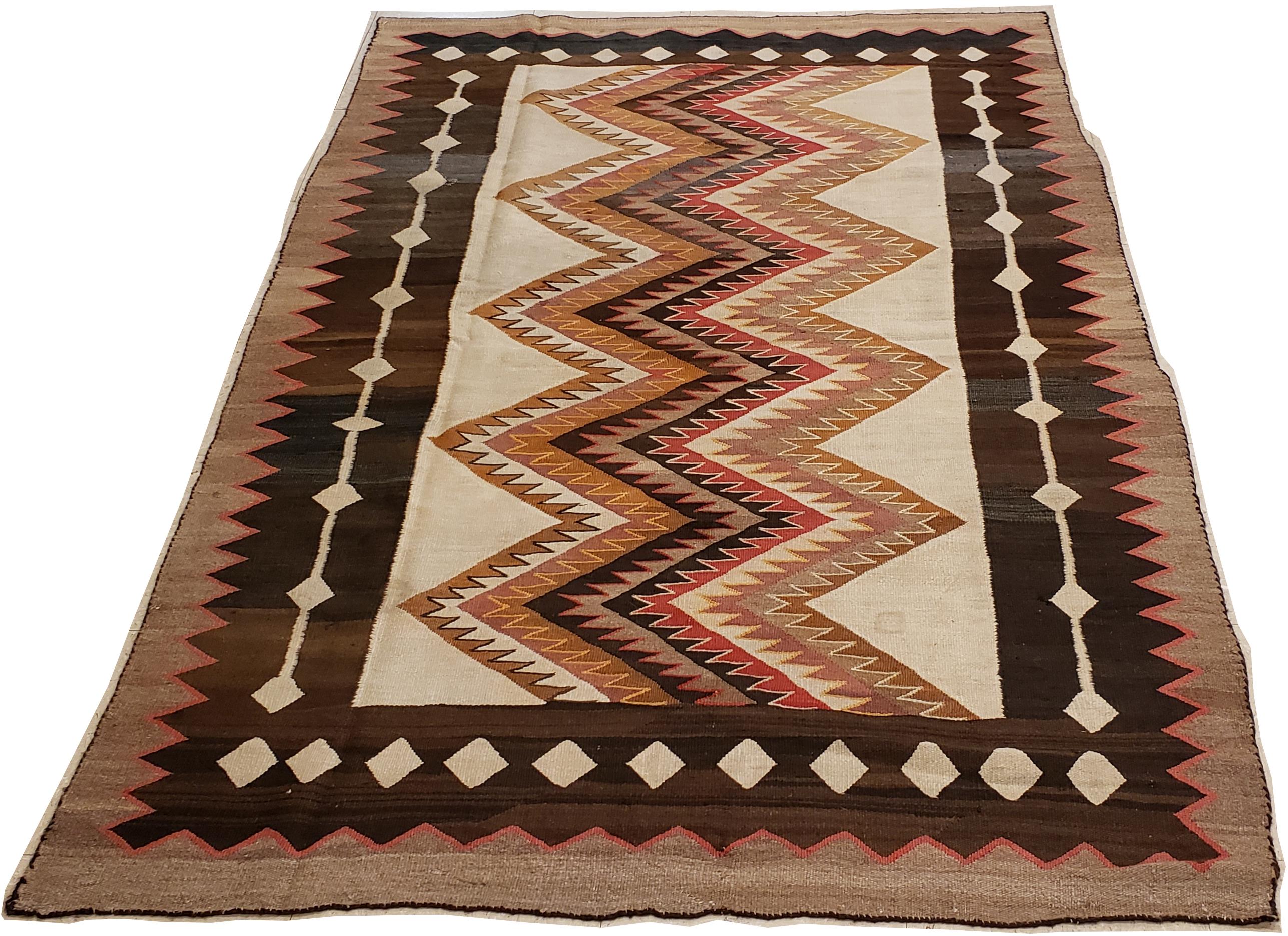 Antique "Eye Dazzler" Navajo Carpet, Folk Rug, Handmade Wool, Beige ...