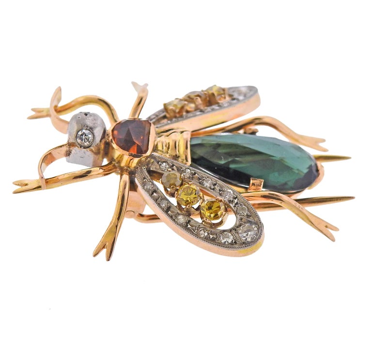 Antique Fancy Diamond Tourmaline Citrine Gold Platinum Insect Brooch ...
