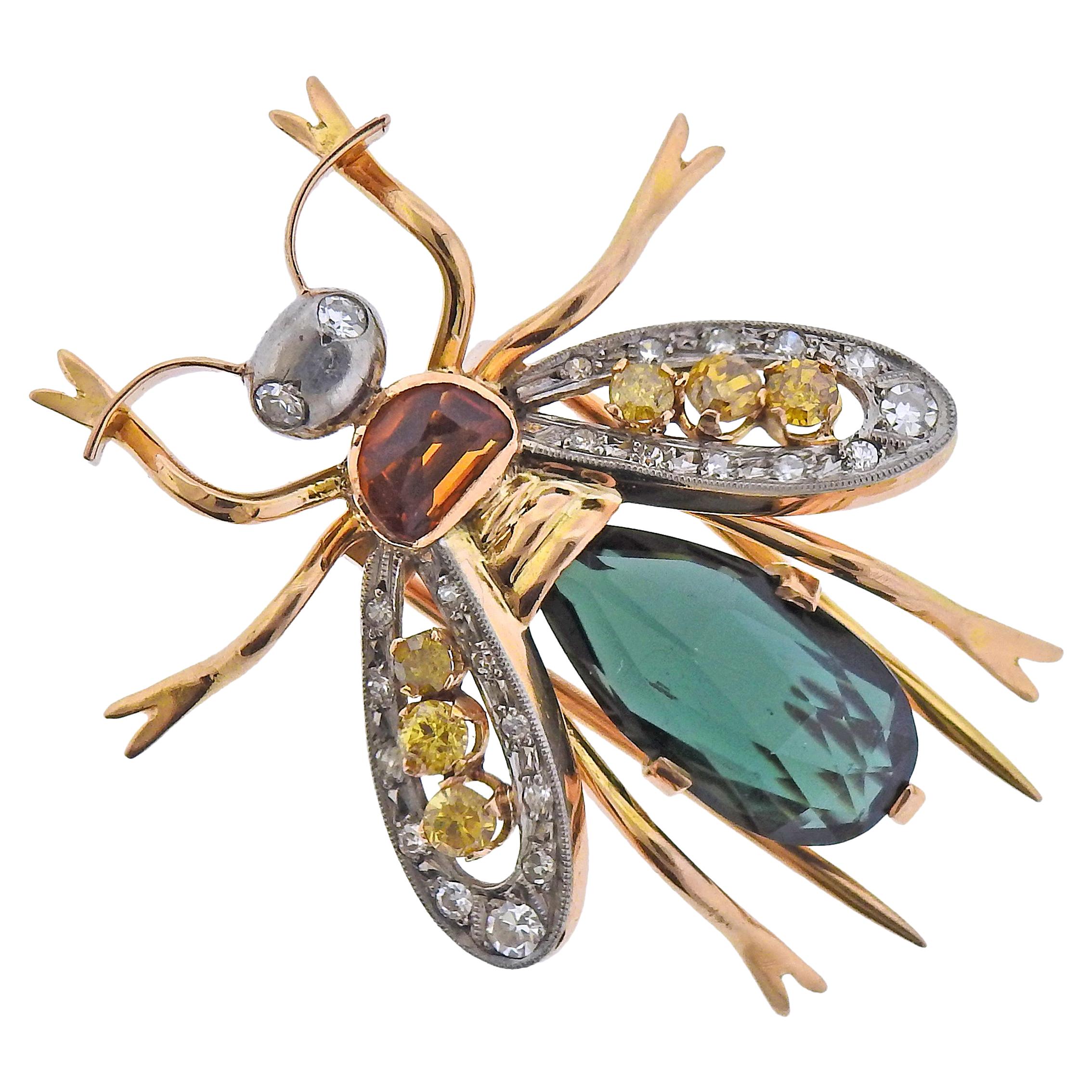 Antique Fancy Diamond Tourmaline Citrine Gold Platinum Insect Brooch ...