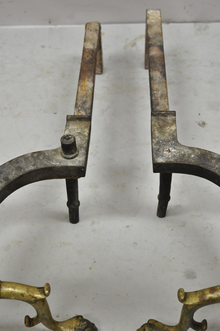 Antique Federal Faceted Brass Cannonball Branch Feet Cast Iron Andirons ...