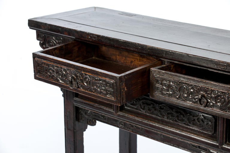 Antique Fine Carved Chinese Hong Mu or Mahogany three Drawer Qing Altar ...