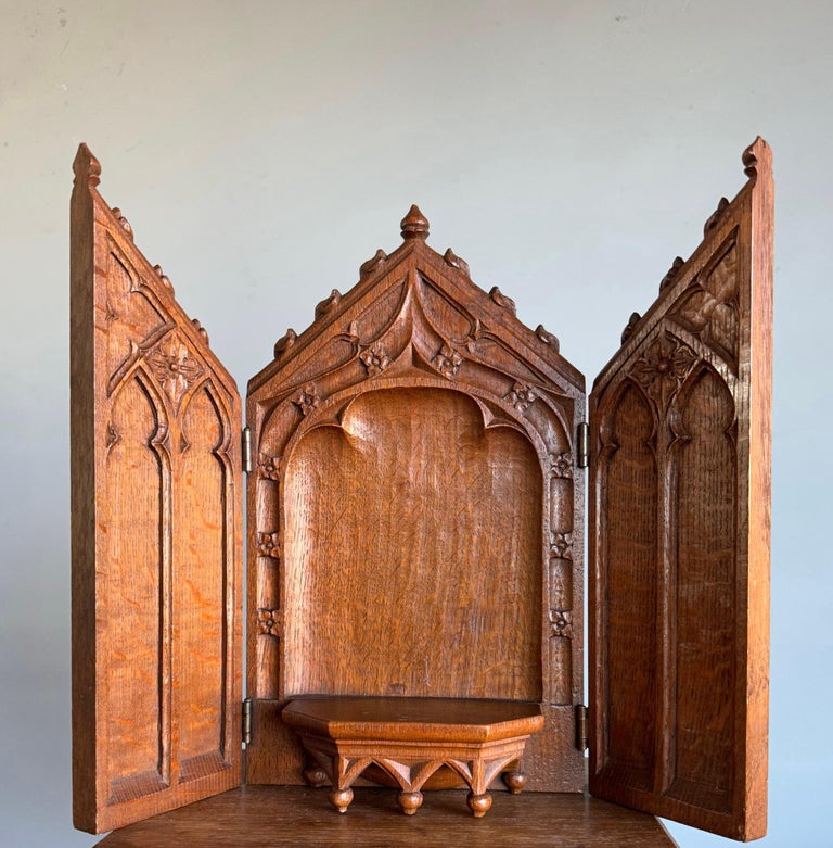 Antique Fine Handcarved Oak Gothic Revival Wall Shrine / Chapel w Mary ...