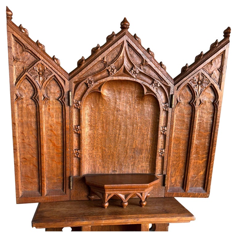 Antique Fine Handcarved Oak Gothic Revival Wall Shrine / Chapel w Mary ...