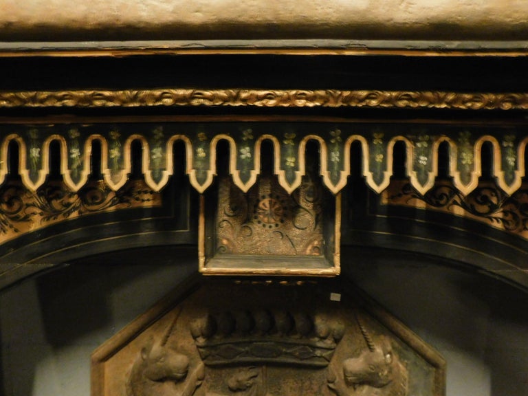 Antique Fireplace Mantle Black and Gold Lacquered Wood, Neo-Gothic ...