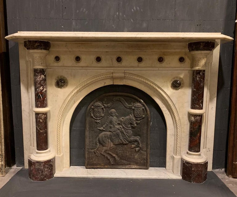 Antique Fireplace Mantle in White and Red Marble, Inlaid and Carved ...