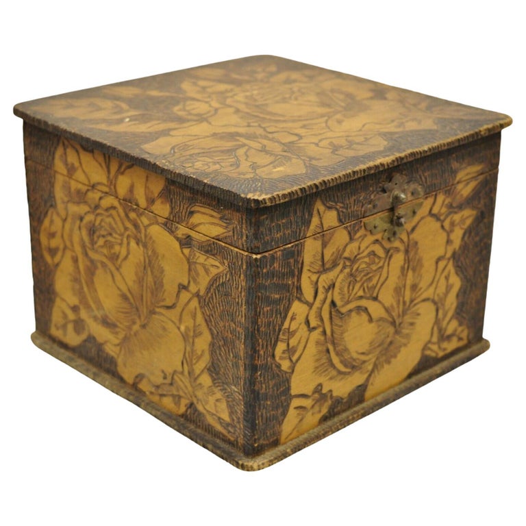 Antique Flemish Burn Carved Wood Pyrography Square Trinket Box at 1stDibs