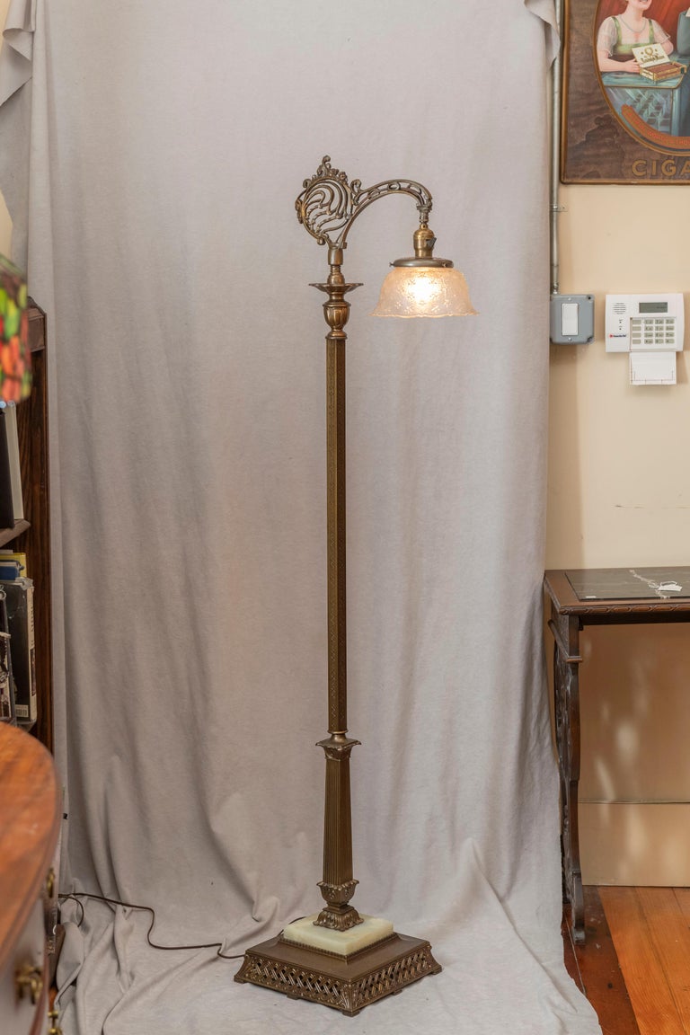Antique Floor Lamp, Bridge Style with Period Glass Shade at 1stDibs