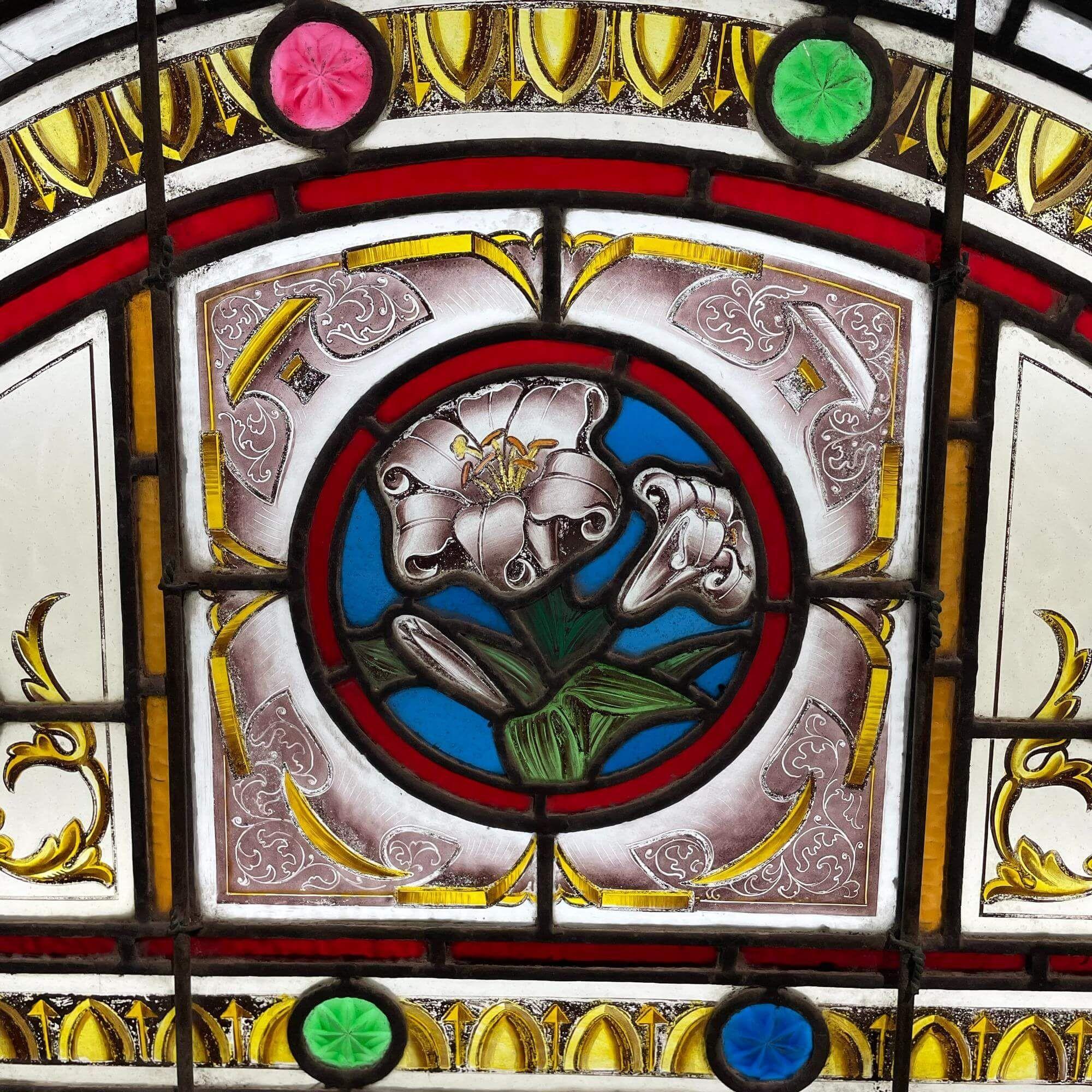 Antique Floral Stained Glass Fanlight For Sale at 1stDibs