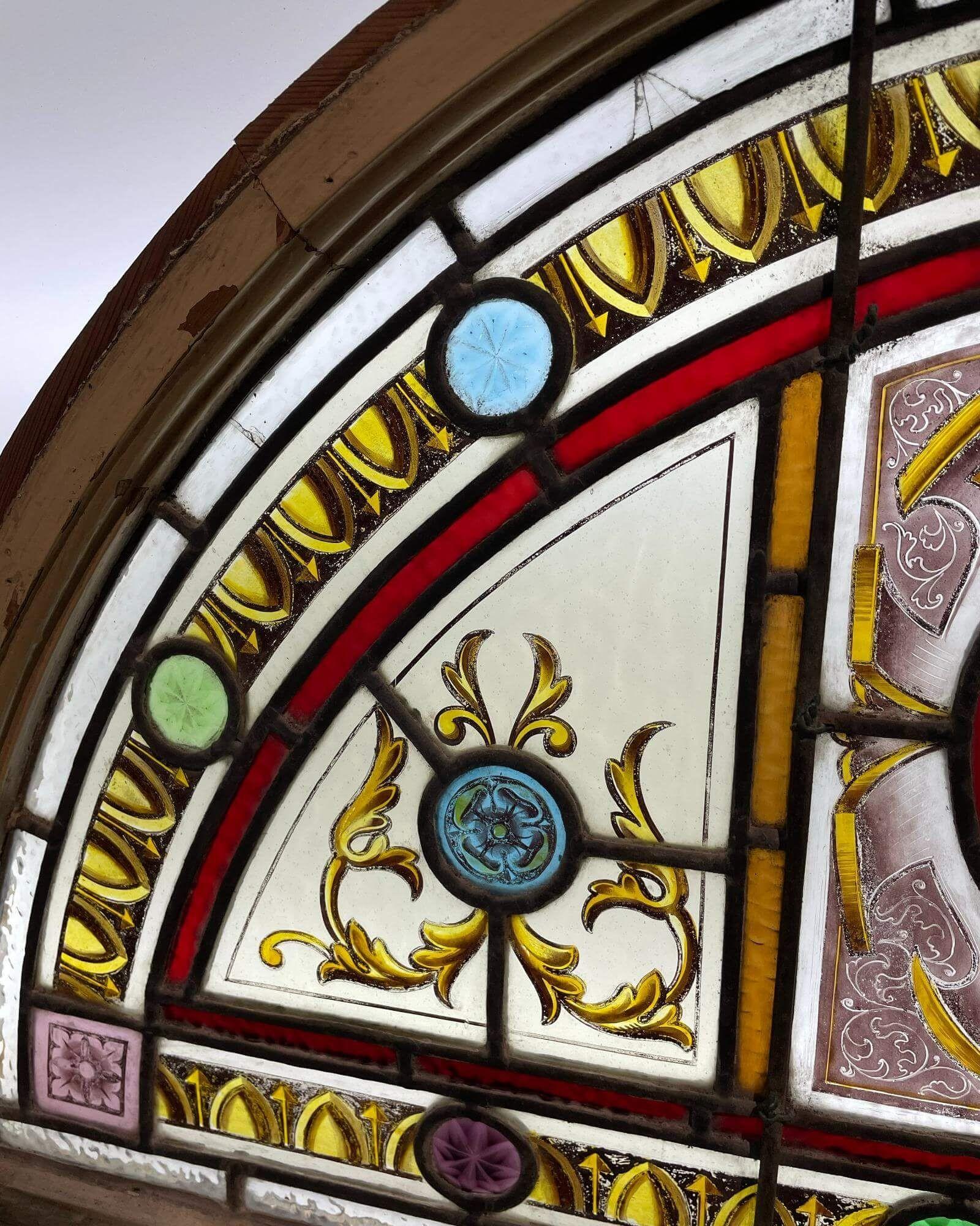 Antique Floral Stained Glass Fanlight For Sale at 1stDibs