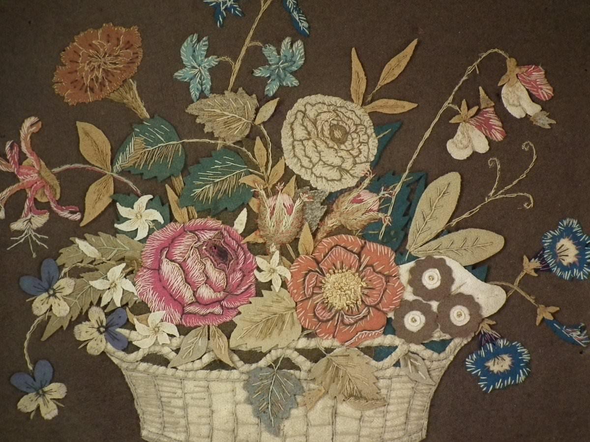Antique Flower Basket Appliqué Embroidery at 1stDibs