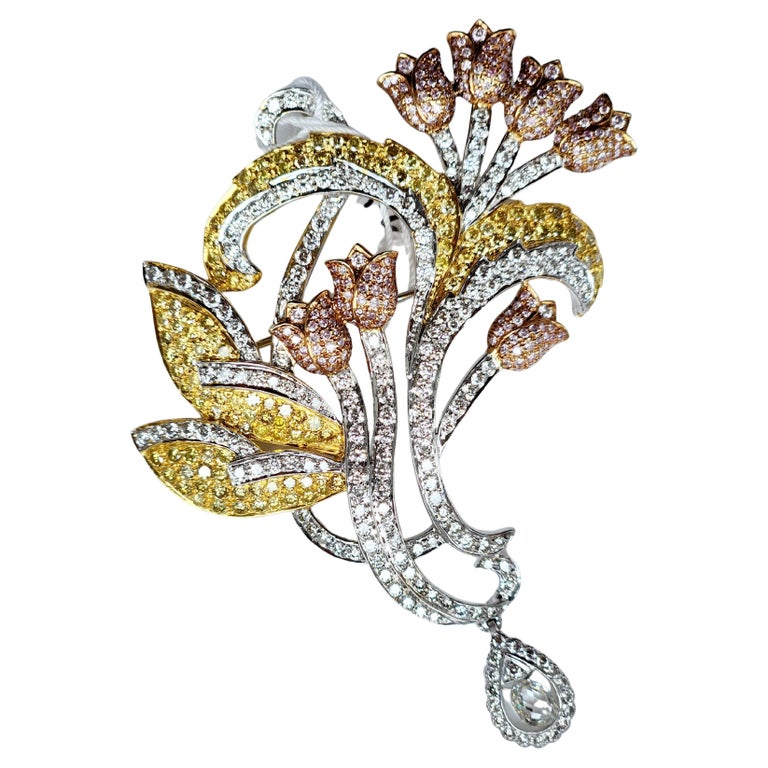 Antique Flower Shaped Fancy Diamond Brooch Pendant For Sale at 1stDibs