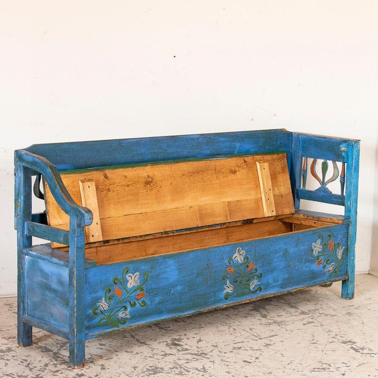 Antique Folk Art Blue Painted Storage Bench from Hungary at 1stDibs