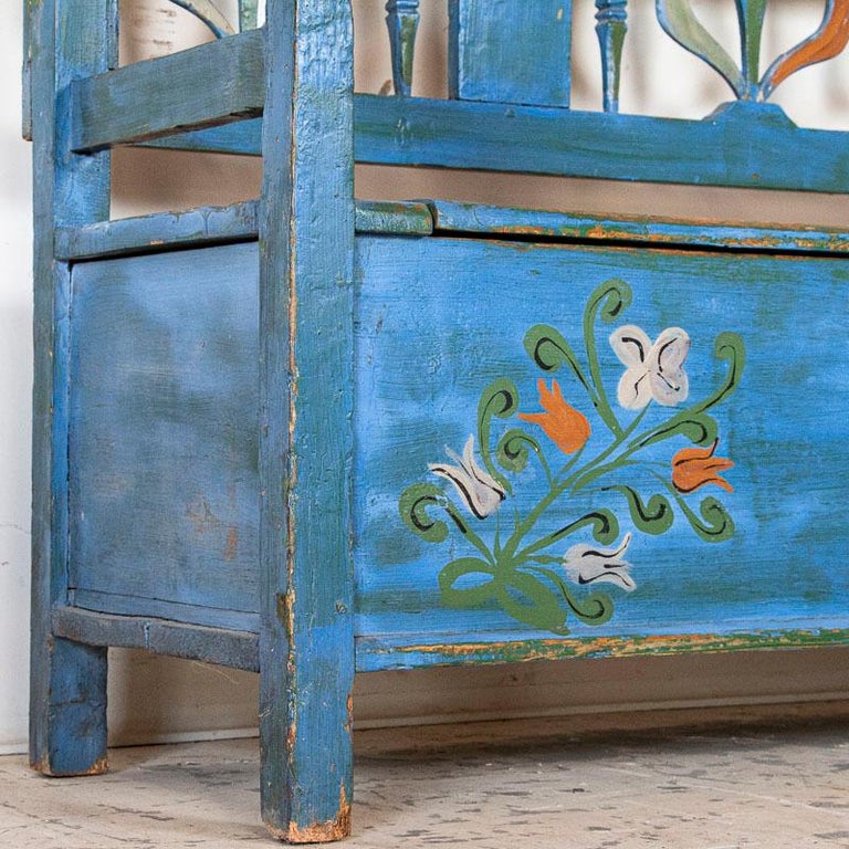 Antique Folk Art Blue Painted Storage Bench from Hungary at 1stDibs