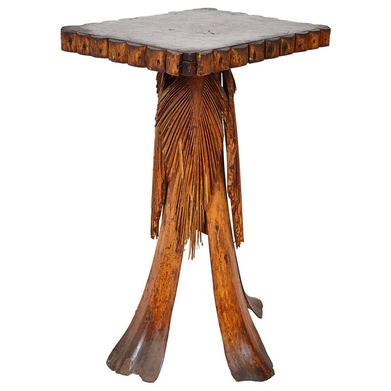 Antique Folk Art Palm Frond Wood Occasional Table Tramp Art Tiki ...