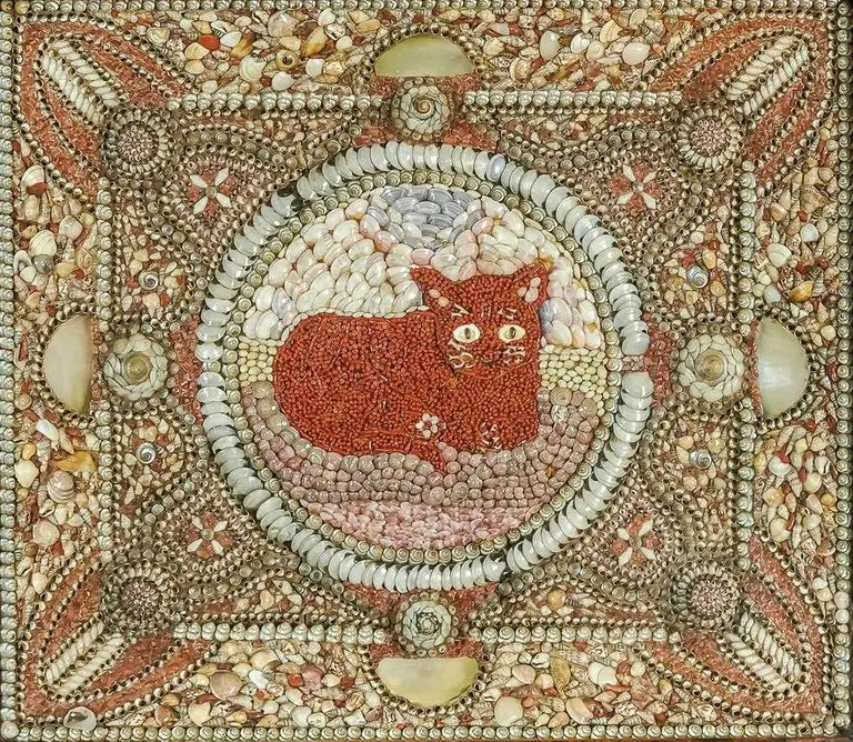 Antique Folk Art Red Cat Shell Valentine at 1stDibs