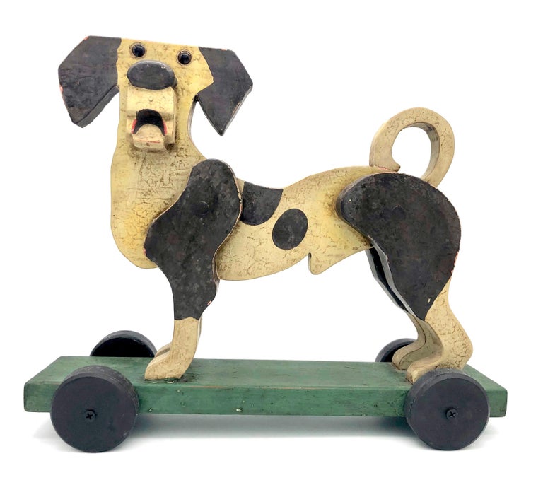 Antique Folk Art Toy Beagle Dog on Wheels Painted Wood For Sale at ...