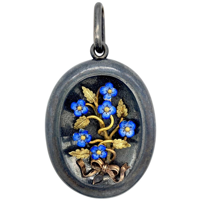 Antique Forget Me Not Bouquet with Ribbon Locket Pendant Gun Metal ...
