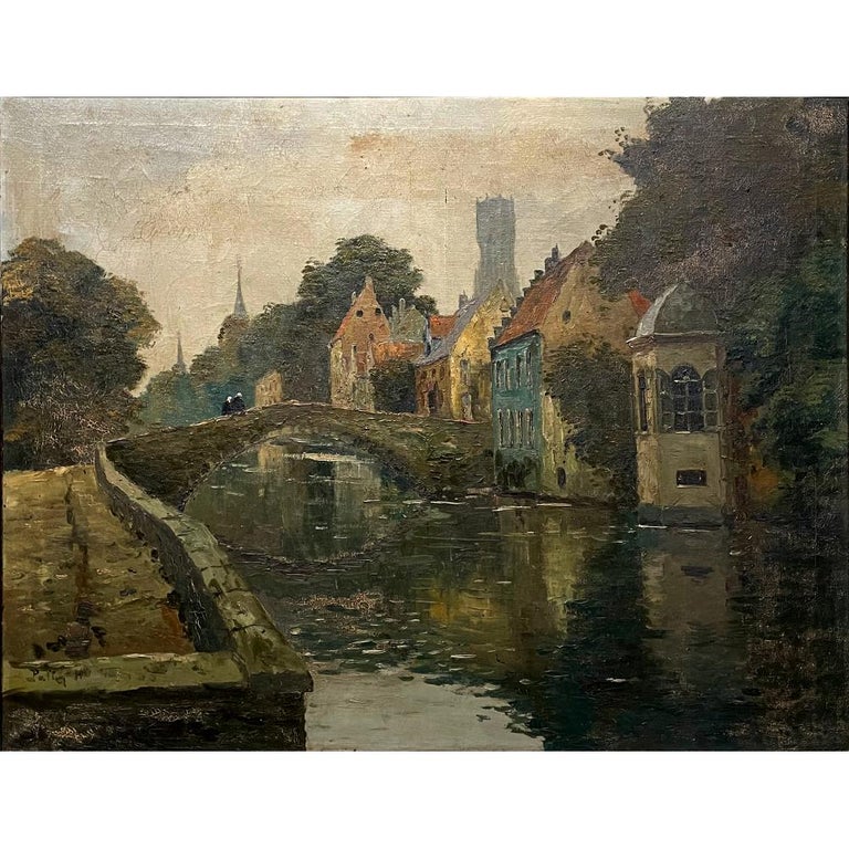 Antique Framed Oil Painting on Canvas of Brugge, Signed For Sale at 1stDibs