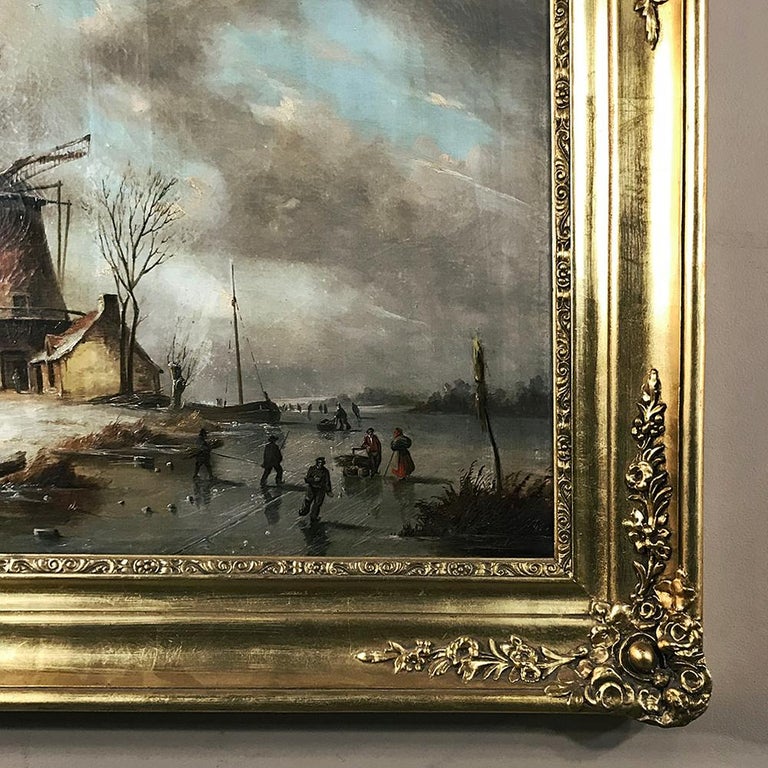 Antique Framed Oil Painting on Canvas "Wintry Landscape with Windmill ...