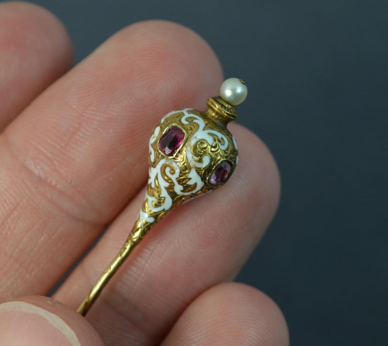 Antique French 18 Carat Gold Enamel and Foiled Ruby Stick Tie Pin at ...
