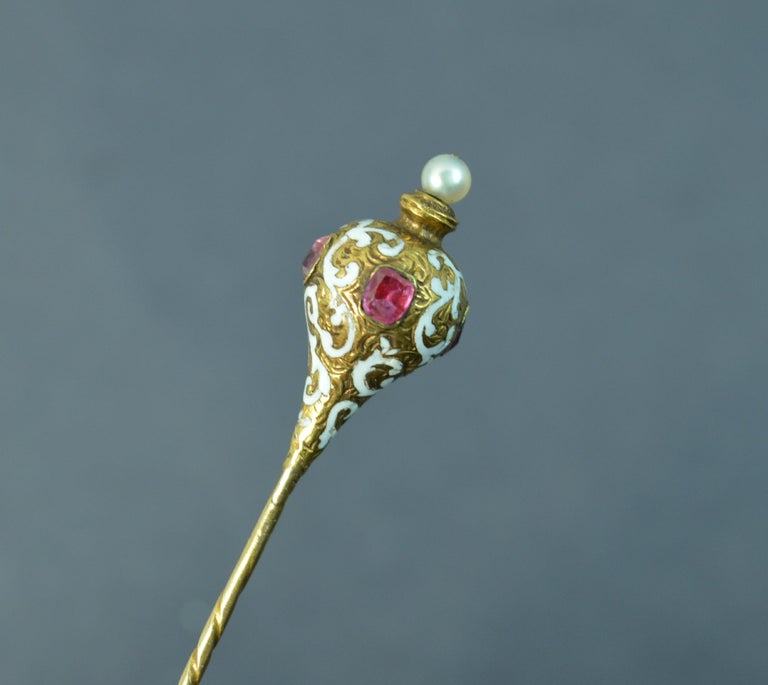 Antique French 18 Carat Gold Enamel and Foiled Ruby Stick Tie Pin at ...