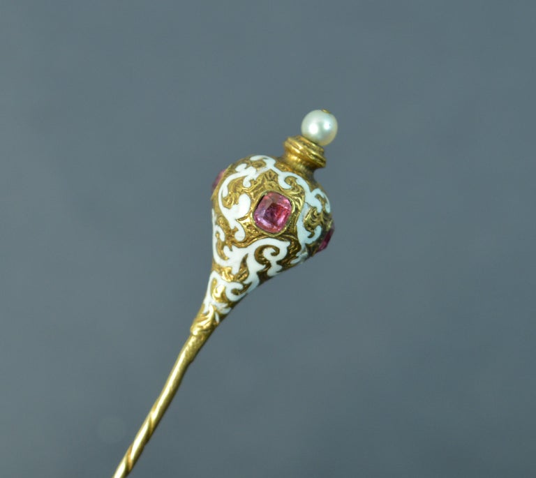 Antique French 18 Carat Gold Enamel and Foiled Ruby Stick Tie Pin at ...