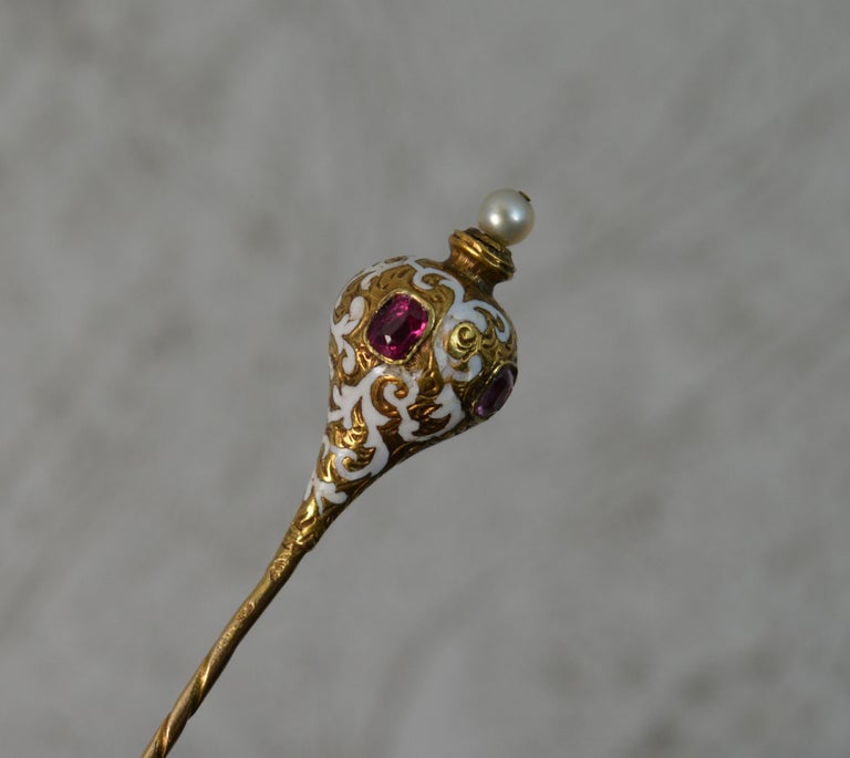Antique French 18 Carat Gold Enamel and Foiled Ruby Stick Tie Pin at ...
