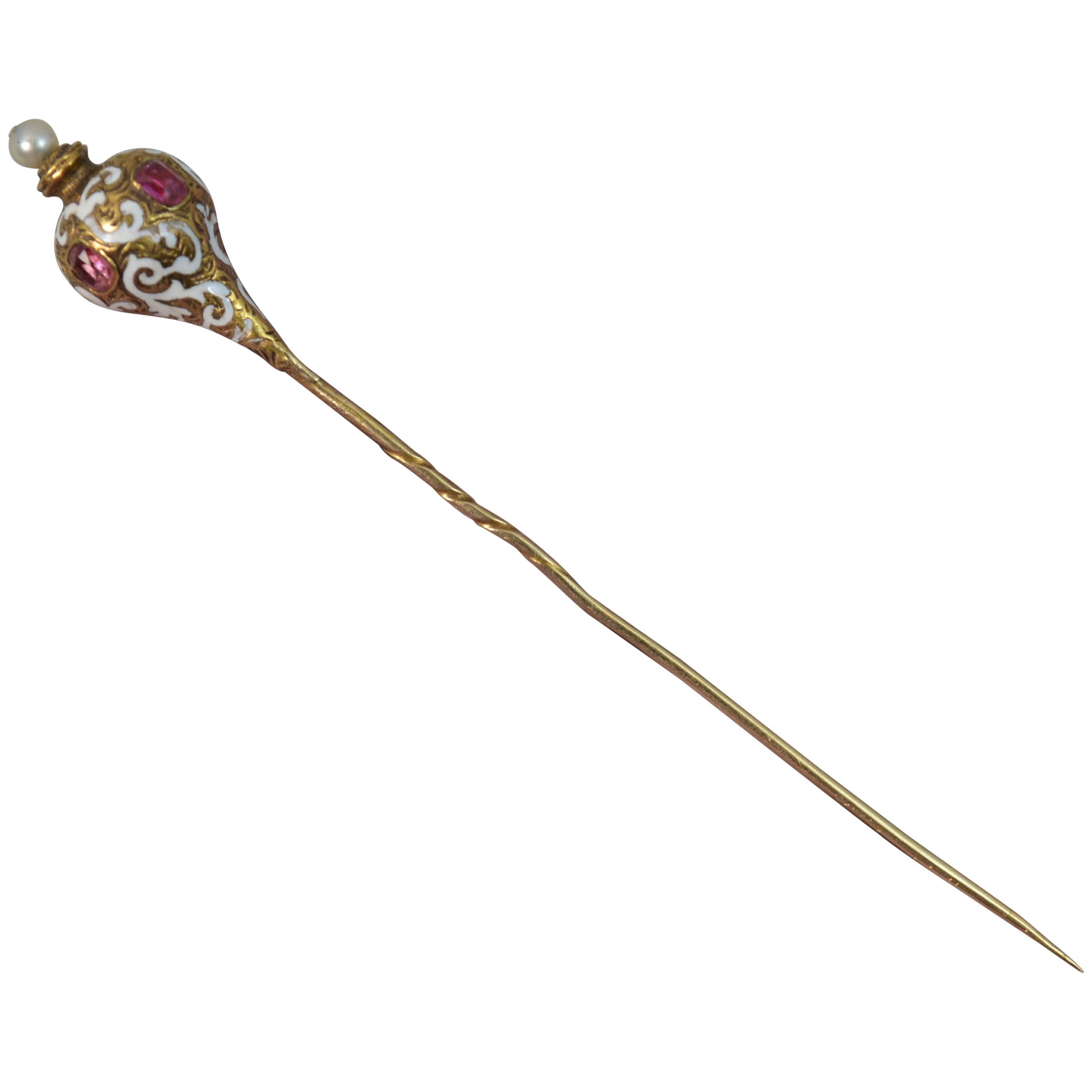 Antique French 18 Carat Gold Enamel and Foiled Ruby Stick Tie Pin at ...