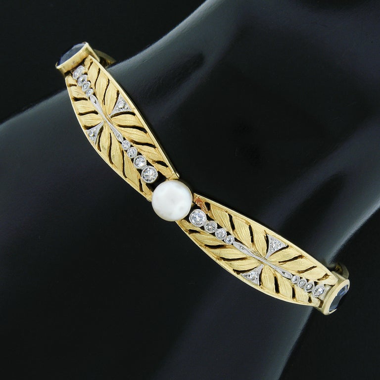 Antique French 18k Gold Plat, GIA Pearl Sapphire Emerald Engraved Link ...