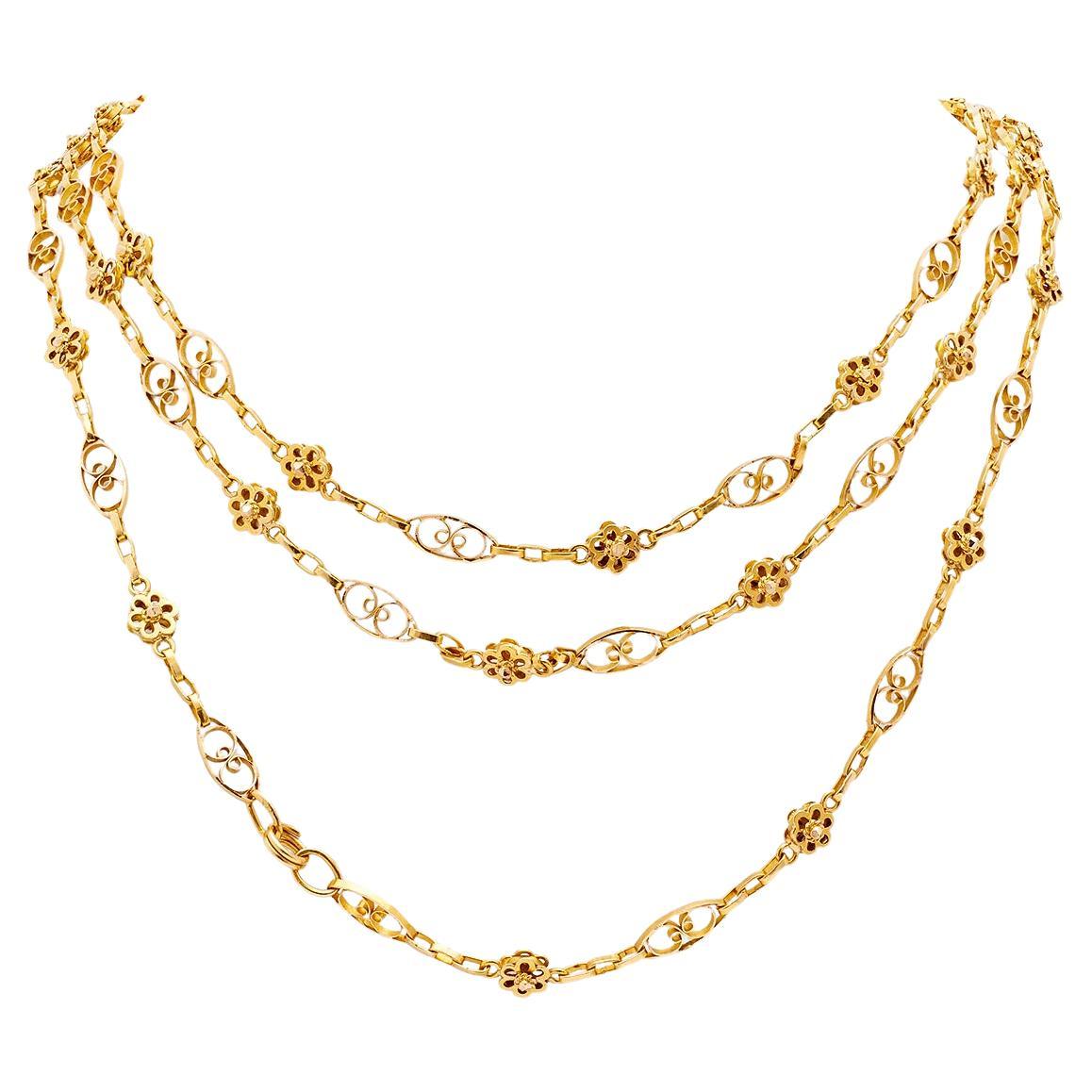 Antique French 18k Yellow Gold Fancy Link Watch Chain Necklace For Sale ...