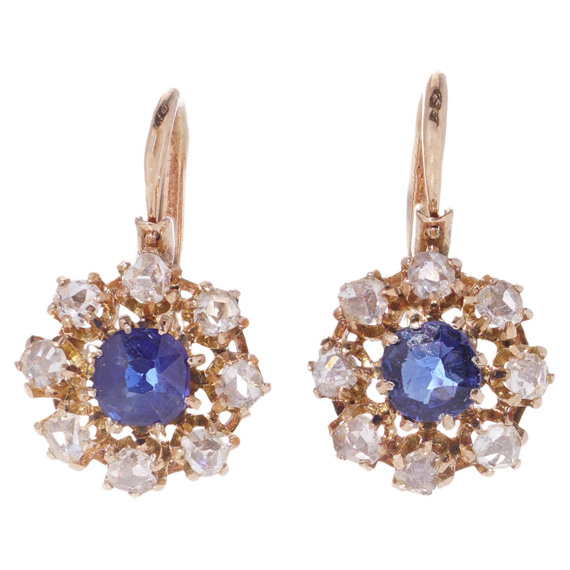 Antique French 18kt. gold lever - back earrings with sapphires and ...