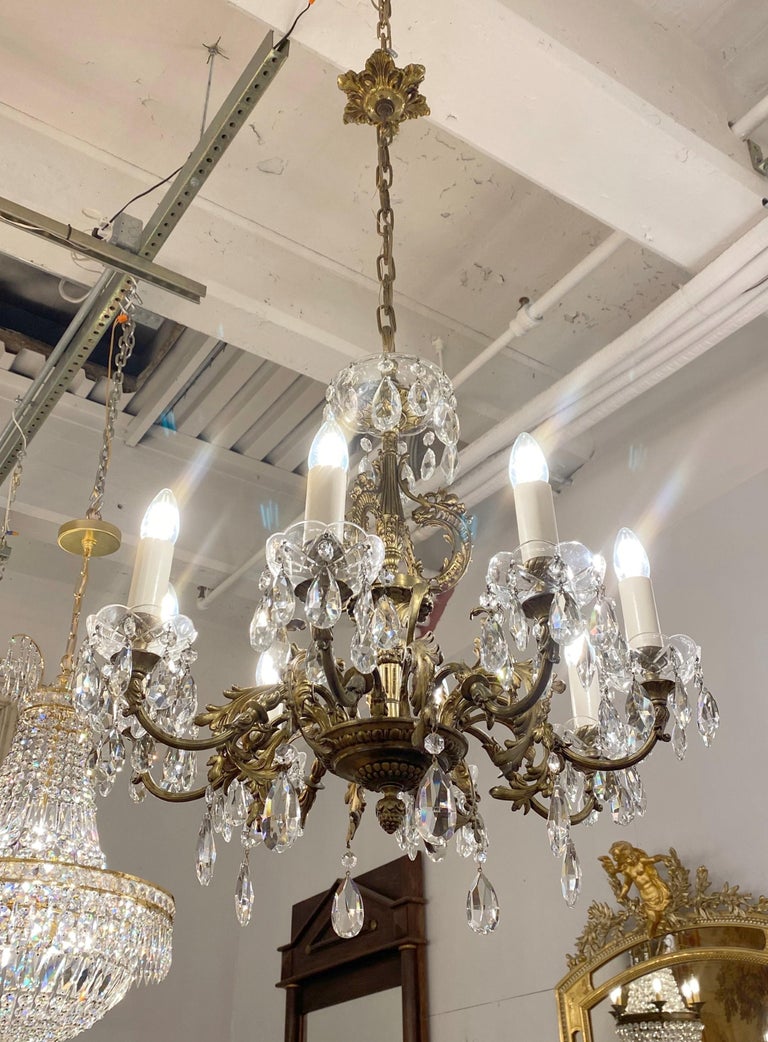 Antique French 8 Arm Clear Crystal Chandelier Brass Frame For Sale at ...