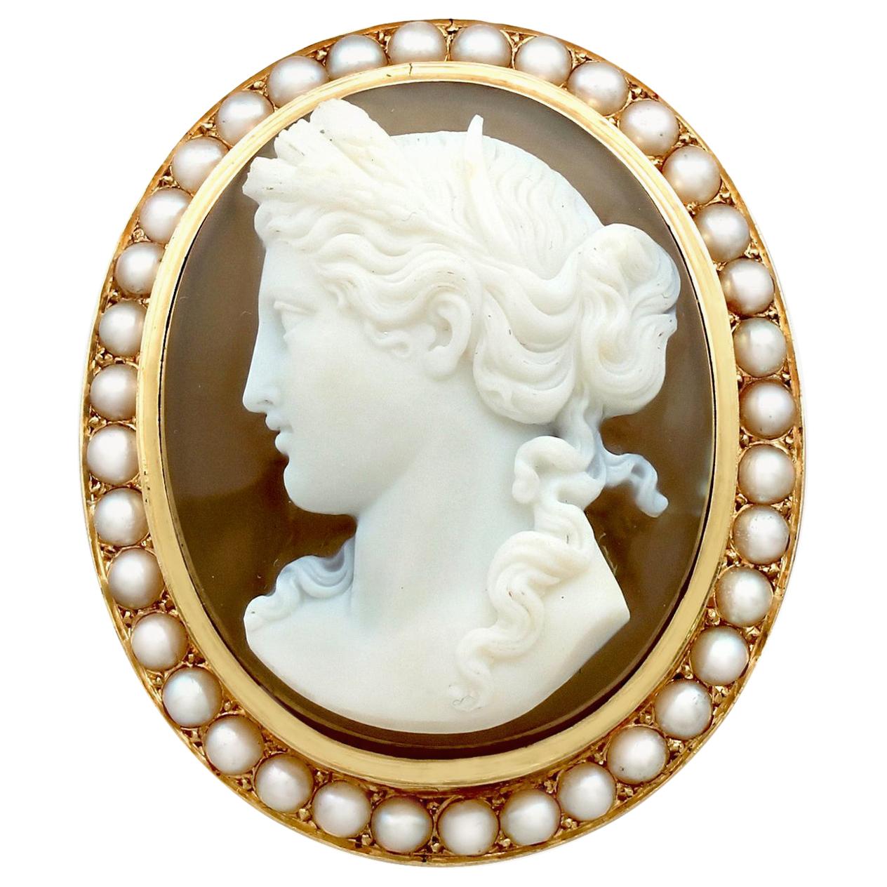 Woman and Cupid Stone Cameo with Seed Pearls For Sale at 1stdibs