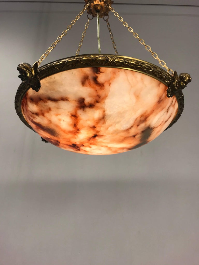 French Alabaster Pendant with Gilt Bronze Cherubs and Frame on Brass ...