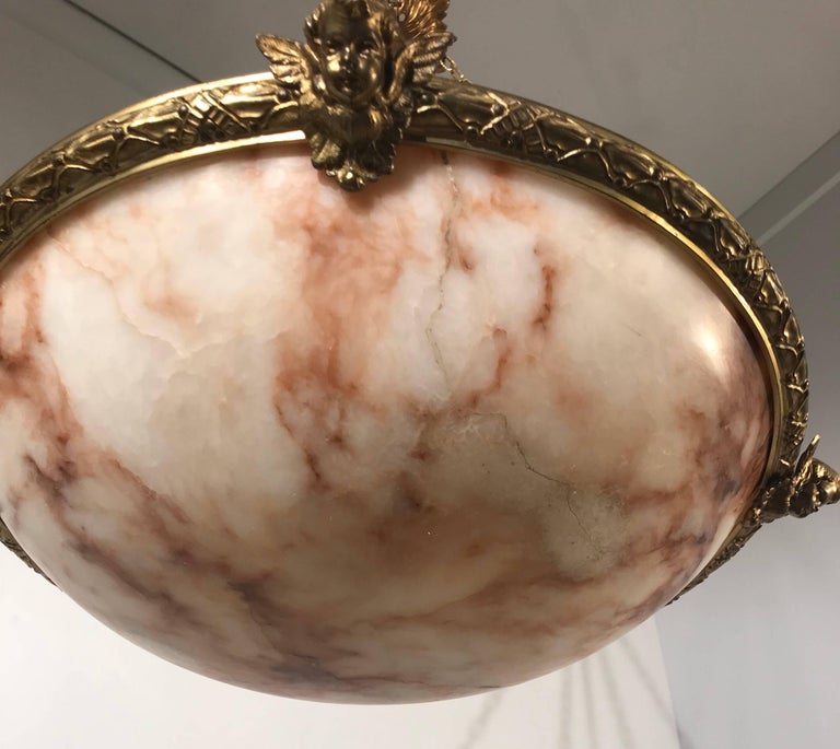 French Alabaster Pendant with Gilt Bronze Cherubs and Frame on Brass ...