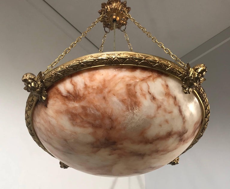 French Alabaster Pendant with Gilt Bronze Cherubs and Frame on Brass ...