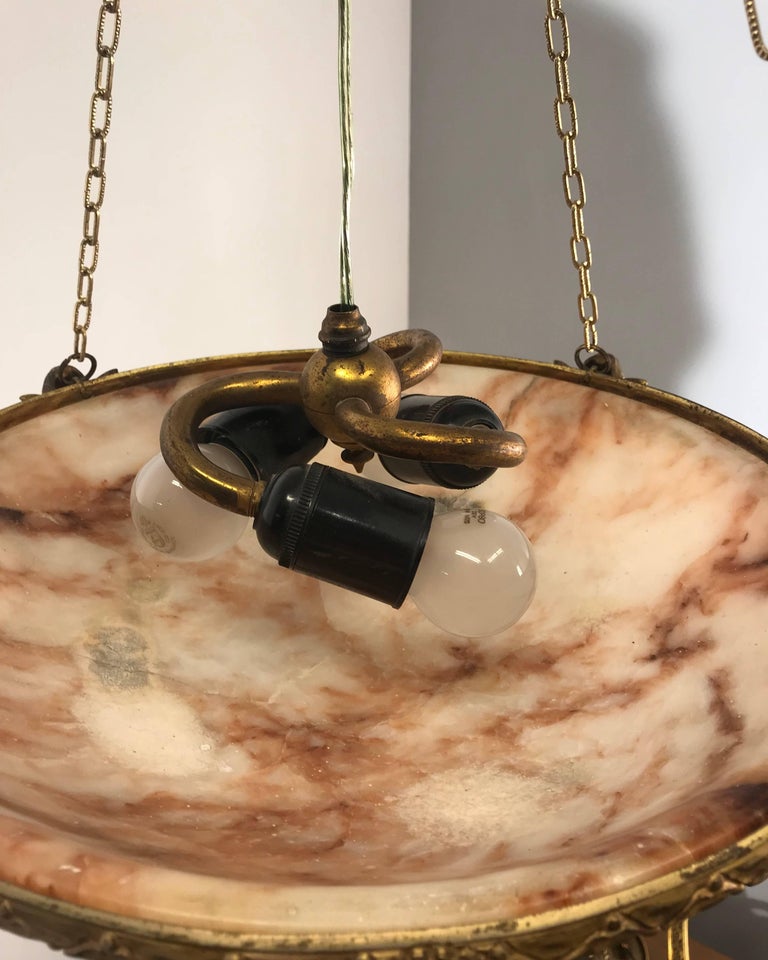 French Alabaster Pendant with Gilt Bronze Cherubs and Frame on Brass ...