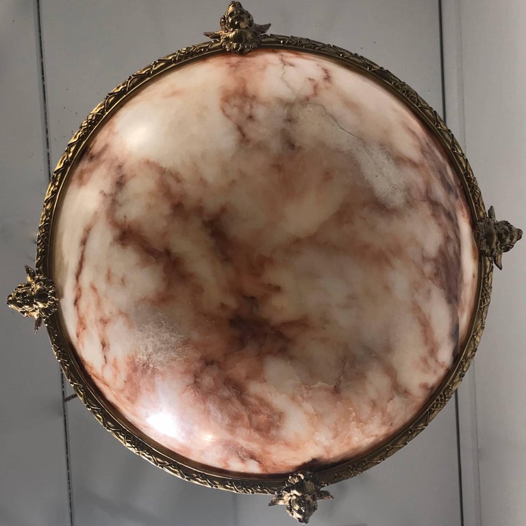 French Alabaster Pendant with Gilt Bronze Cherubs and Frame on Brass ...