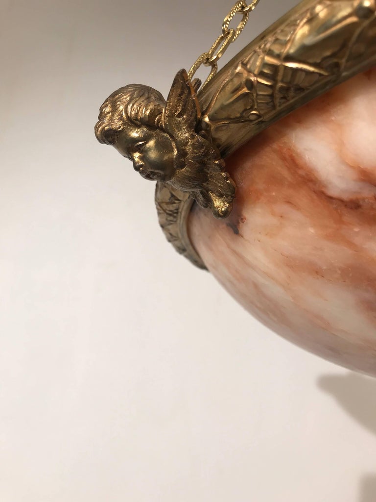 French Alabaster Pendant with Gilt Bronze Cherubs and Frame on Brass ...
