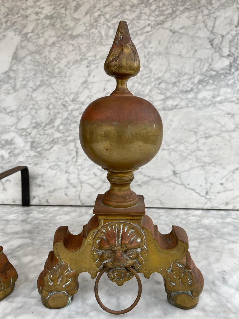 Antique French Andirons or Firedogs Cast Iron and Brass Lion For Sale ...
