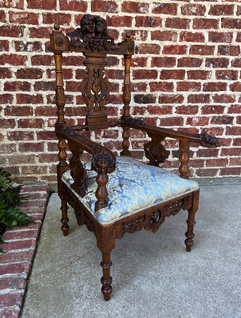 Antique French Arm Chairs Pair Cherubs Angels Carved Walnut Blue ...